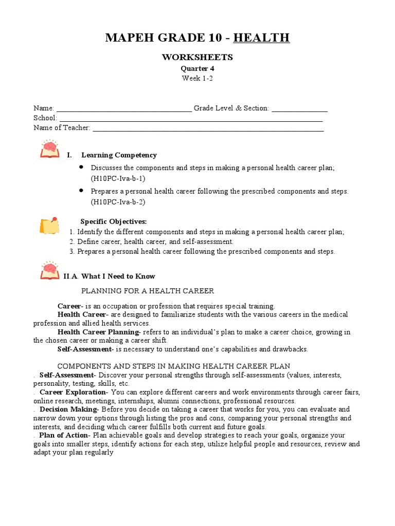 Mapeh Grade 10 - Health: Worksheets | PDF | Goal | Profession