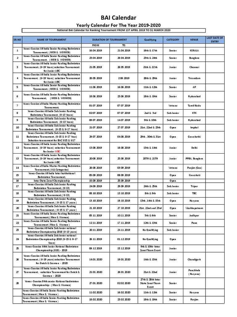 BAI Calendar: Yearly Calendar For The Year 2019-2020 | PDF | Sports ...