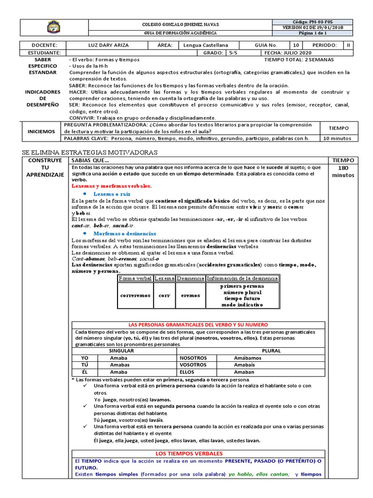 Guía de Verbos para 5º Grado | PDF | Verbo | Conjugación gramatical