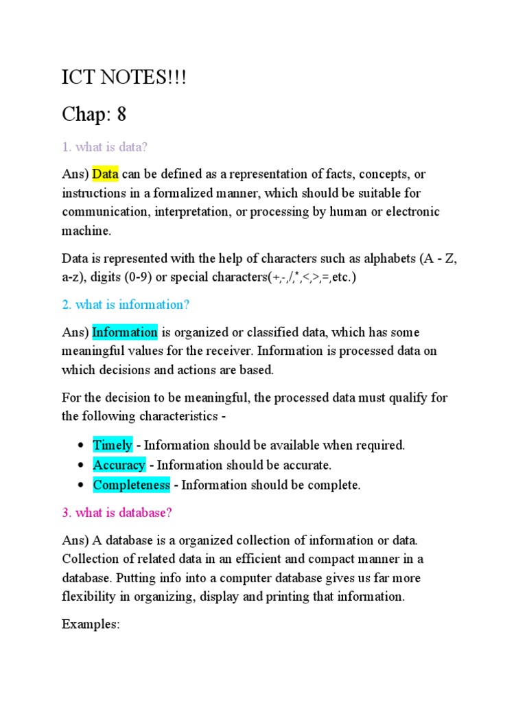 Ict Notes!!! Chap: 8: 1. What Is Data? | PDF | Computer File | Databases