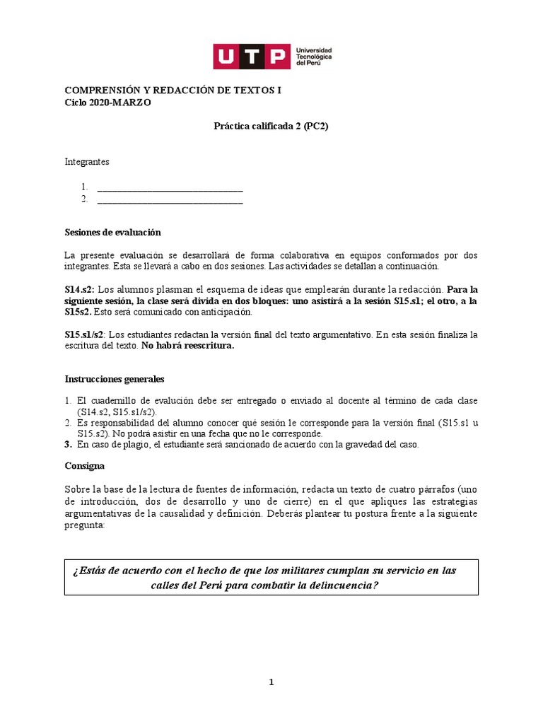S14.s2 y S15.s1 s2 Práctica Calificada 2 (Cuadernillo) 2020 Marzo | PDF | Oración (Lingüística ...
