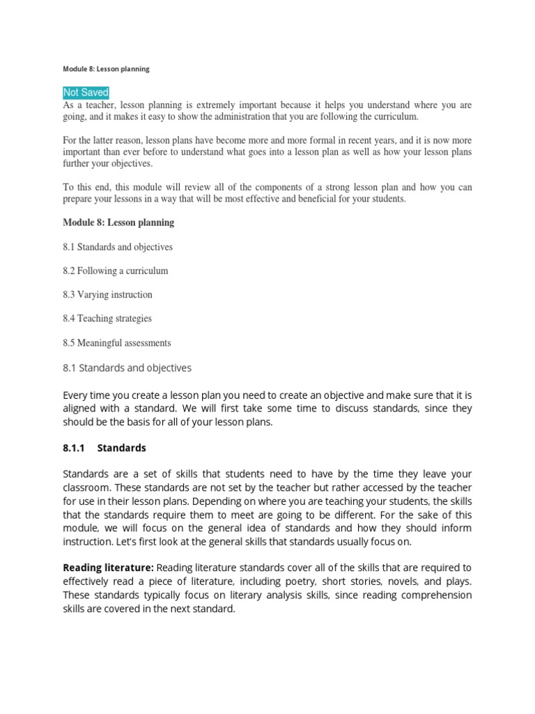 Not Saved: Module 8: Lesson Planning | Download Free PDF | Lesson Plan ...