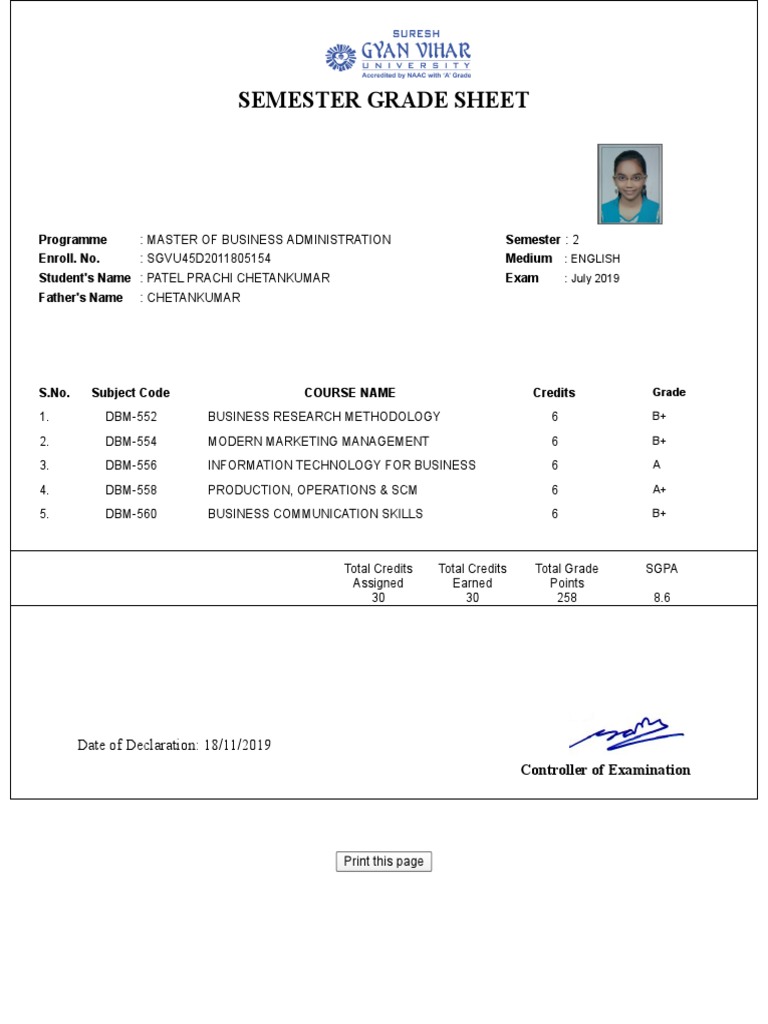Semester Grade Sheet | PDF