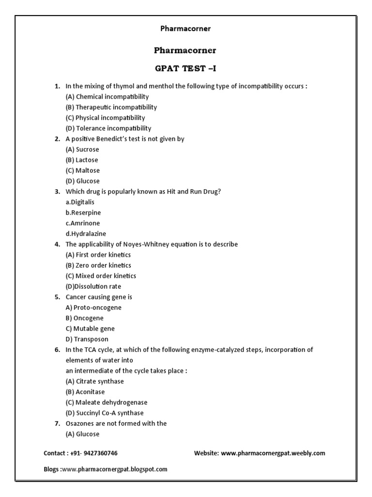 Pharmacorner Pharmacorner Gpat Test - I | PDF | Spectrum | Fructose