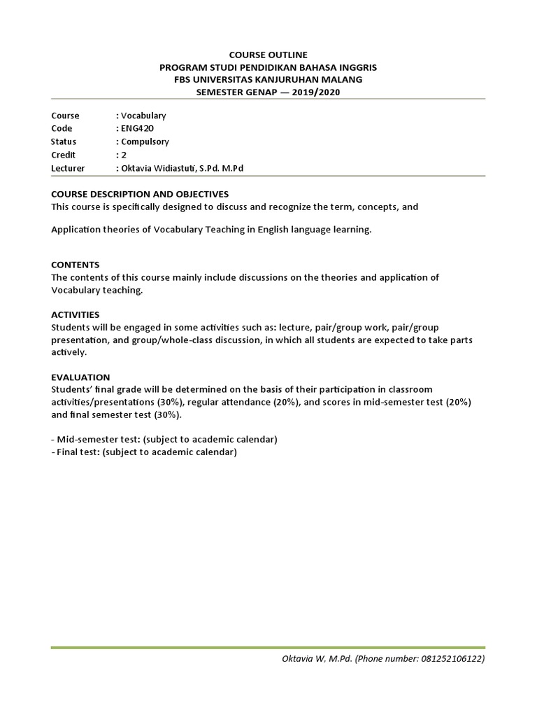 Course Outline Program Studi Pendidikan Bahasa Inggris Fbs Universitas ...