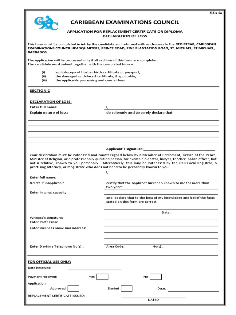 Caribbean Examinations Council: Application For Replacement Certificate ...