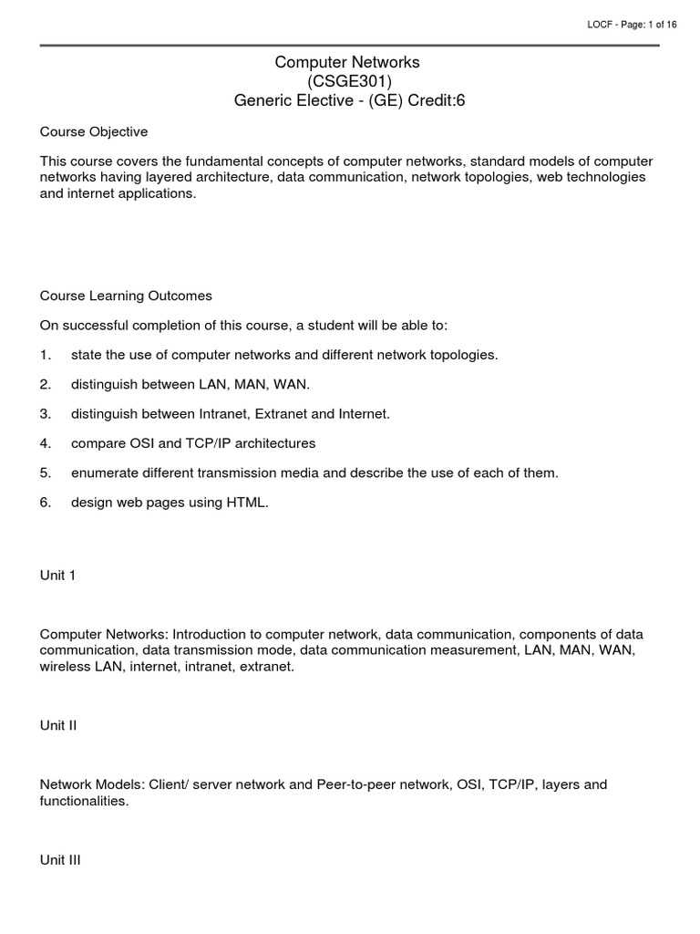Computer Networks (CSGE301) Generic Elective - (GE) Credit:6 | Download Free PDF | Computer ...