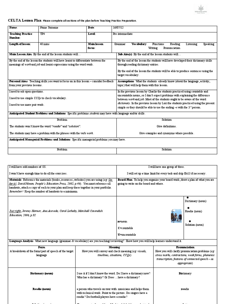 CELTA vocab lesson plan | Vocabulary | Word