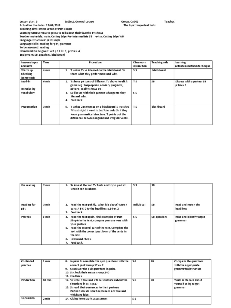 Cutting Edge Pre Inter Unit 2 Lesson Plan | PDF | Question | Lesson Plan