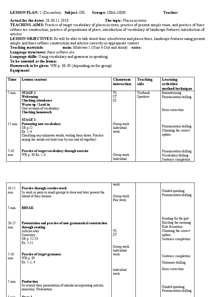 Motivate Places in Town Lesson Plan | PDF | Lesson Plan | Grammar