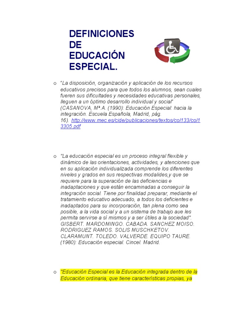 DEFINICIONES DE Educacion Especial | PDF | Educación especial | Aprendizaje