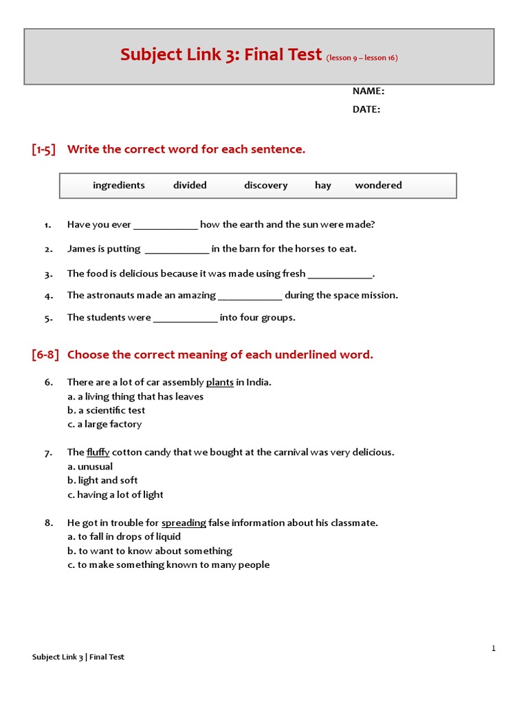 Subject Link 3: Final Test: (1-5) Write The Correct Word For Each ...