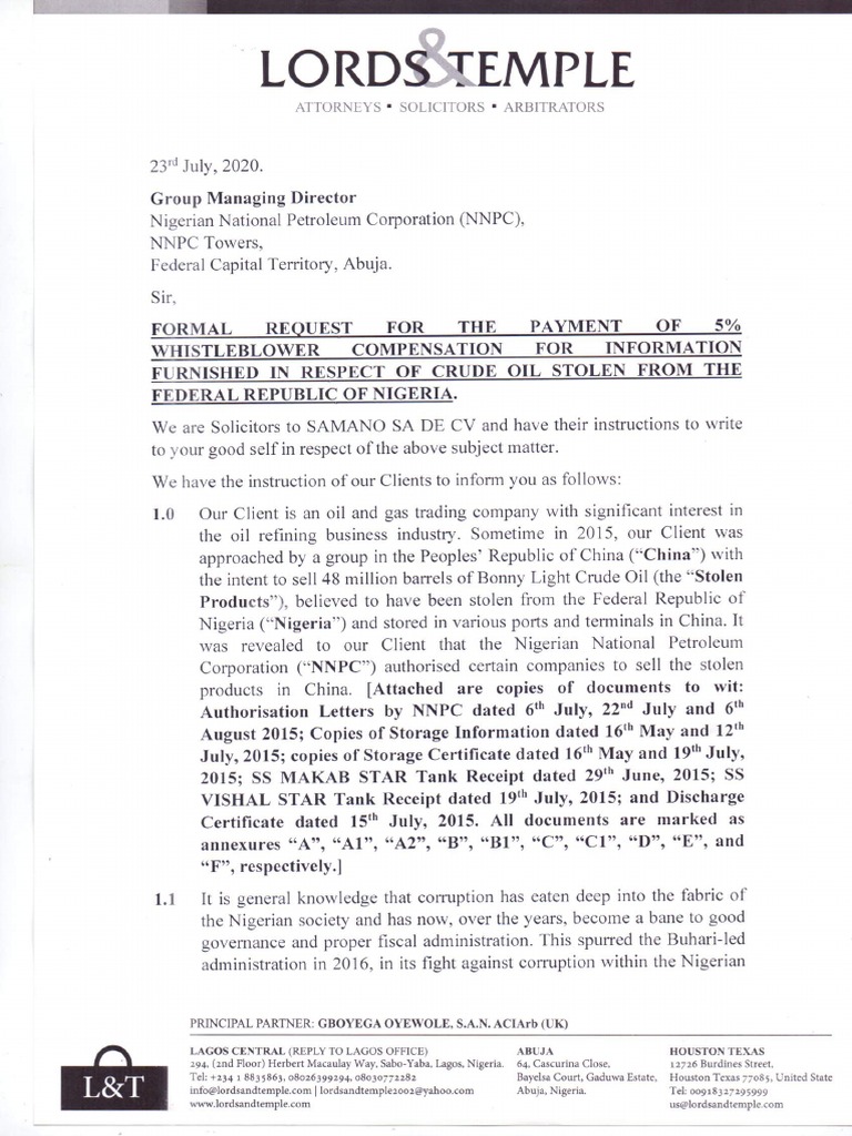 DOCUMENT: Whistle Blower Letter To NNPC | PDF