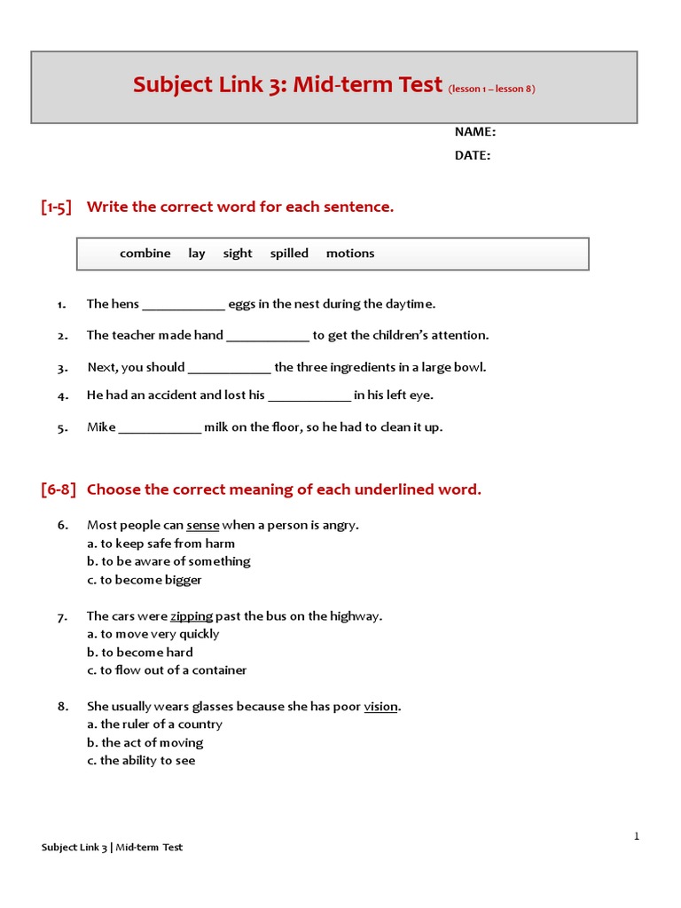Subject Link 3: Mid-Term Test: (1-5) Write The Correct Word For Each ...