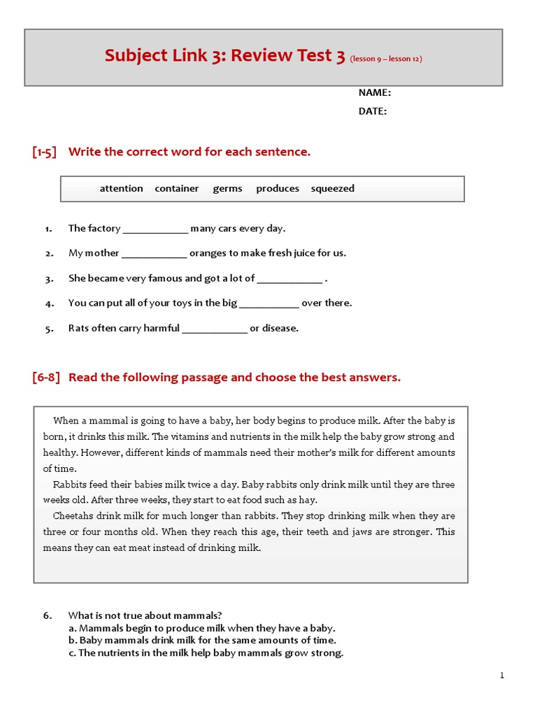 Subject Link 3 Review Test 3 | PDF | Dairy | Rabbit