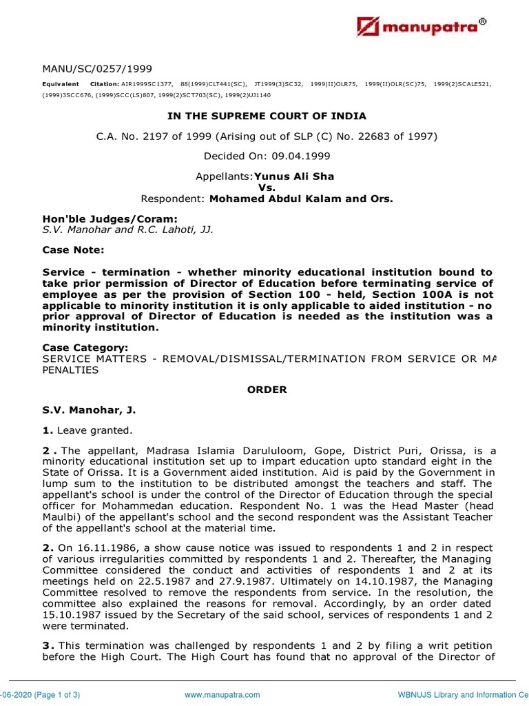 S.V. Manohar and R.C. Lahoti, JJ.: (1999) 3SC C 676, (1999) SC C (LS ...