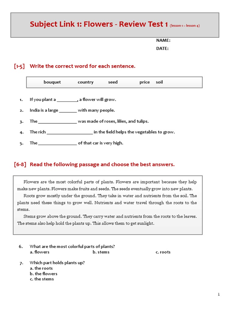Subject Link 1 Review Test 1 | PDF | Tulip | Plants