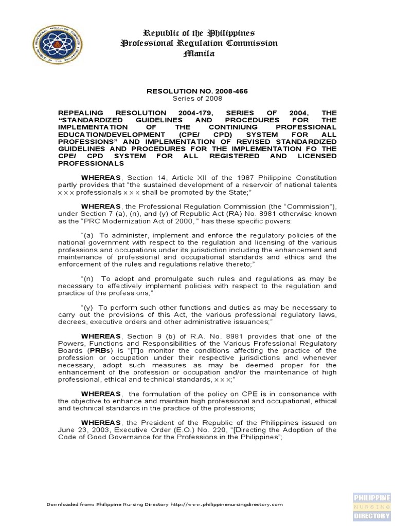 PRC Resolution No 2008 466 Series of 2008 PDF | PDF | Professional Development | Government