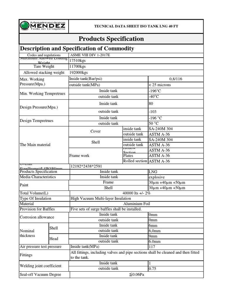 Thecnical Data Sheet Iso Tank LNG 40 FT | PDF | Leak | Building Engineering