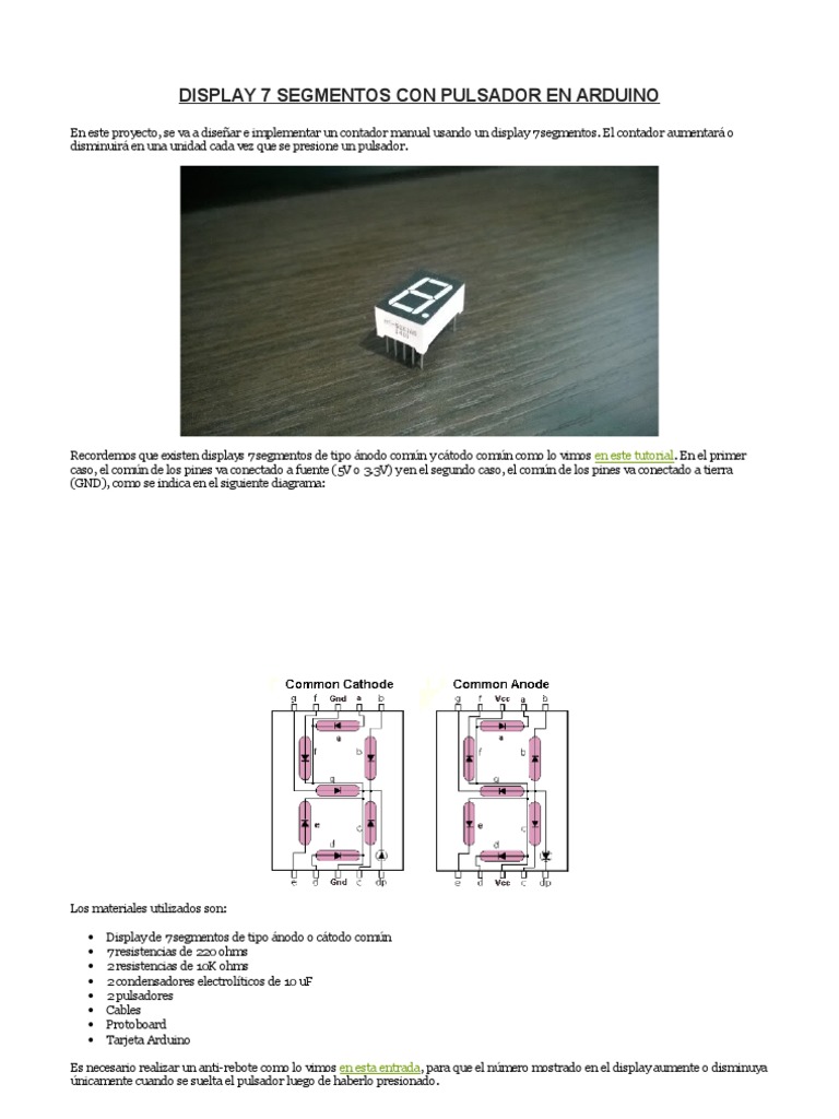 Display 7 Segmentos Con Pulsador en Arduino | PDF | Electrónica | Ingeniería Informática