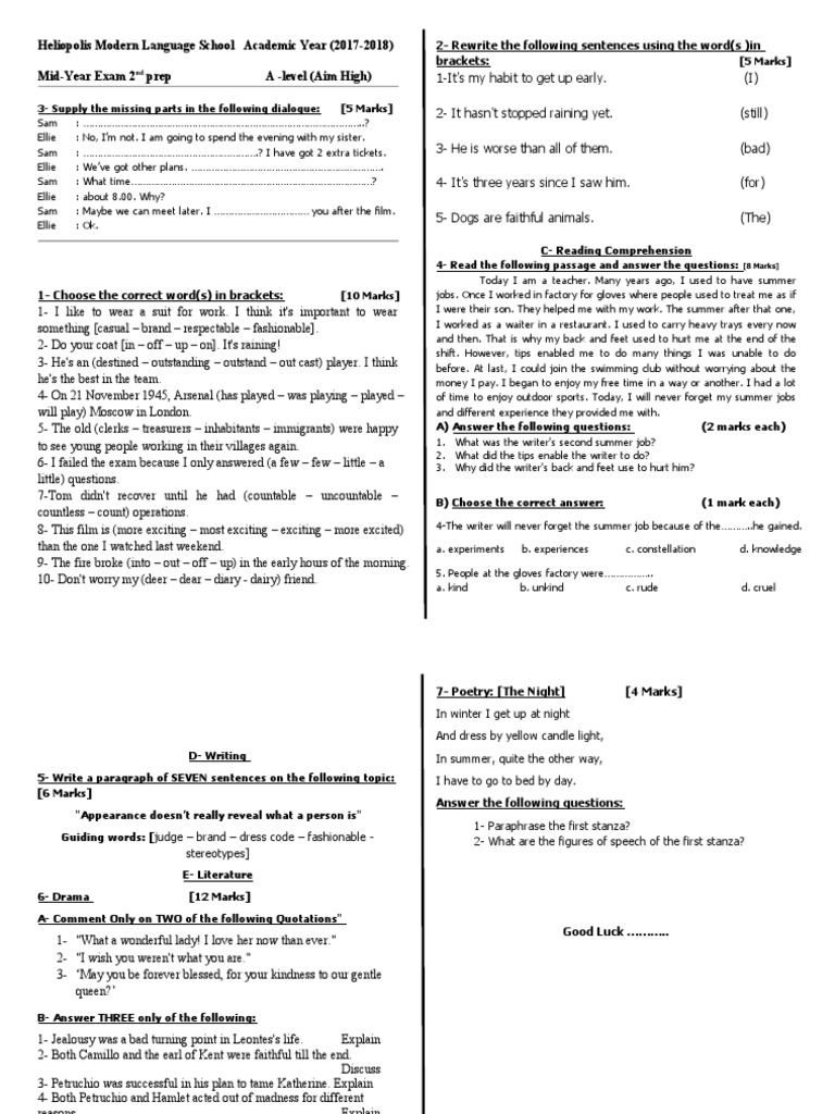 Mid-Year Exam 1 2nd Prep | PDF