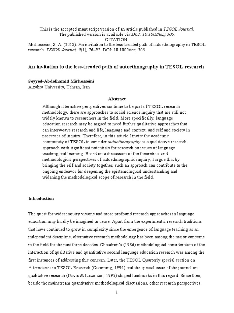 Autoethnography in TESOL PDF | PDF | Ethnography | English As A Second ...