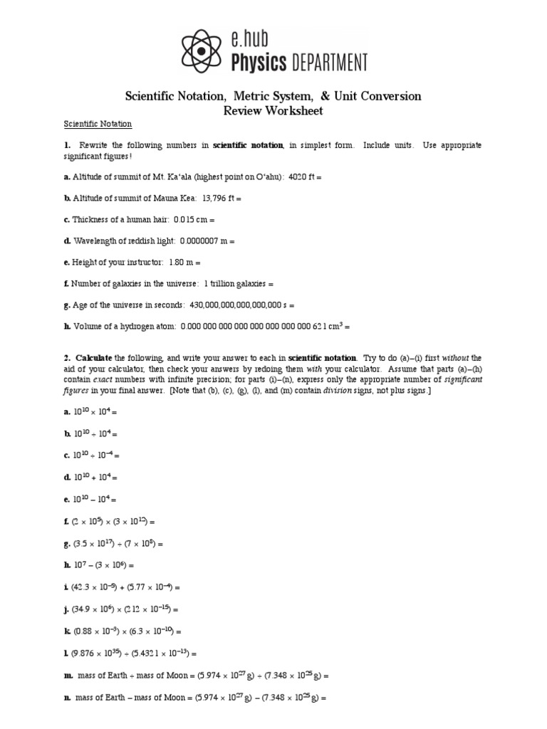 Scientific Notation, Metric System, & Unit Conversion Review Worksheet ...