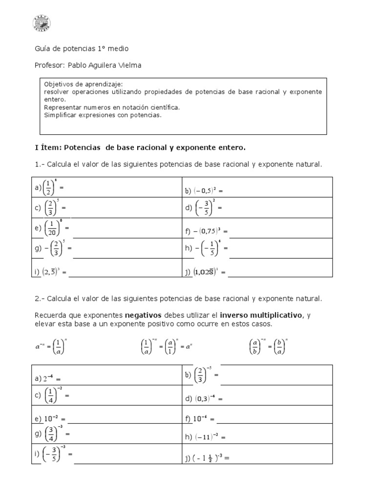 Guia Potencias 1 Medio | PDF | Exponenciación | Combinatoria