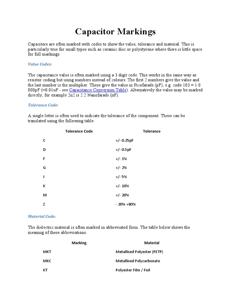 Capacitor Markings: Capacitance Conversion Table | PDF | Capacitor ...