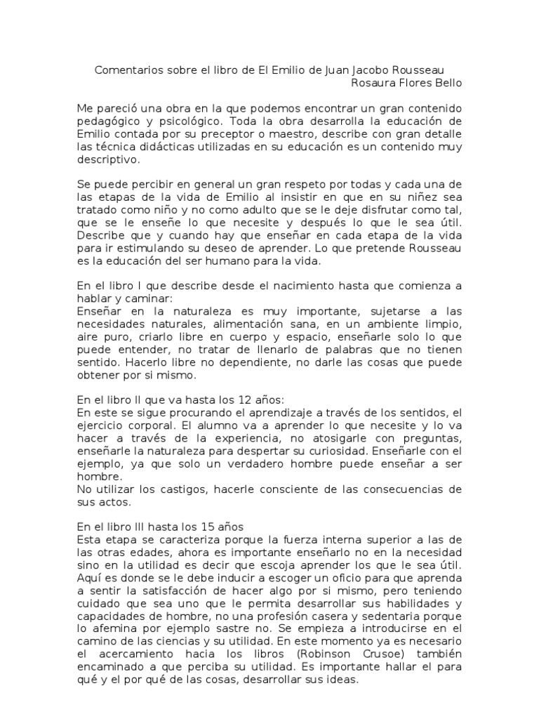 Comentarios Sobre El Libro de El Emilio de Juan Jacobo Rousseau ...