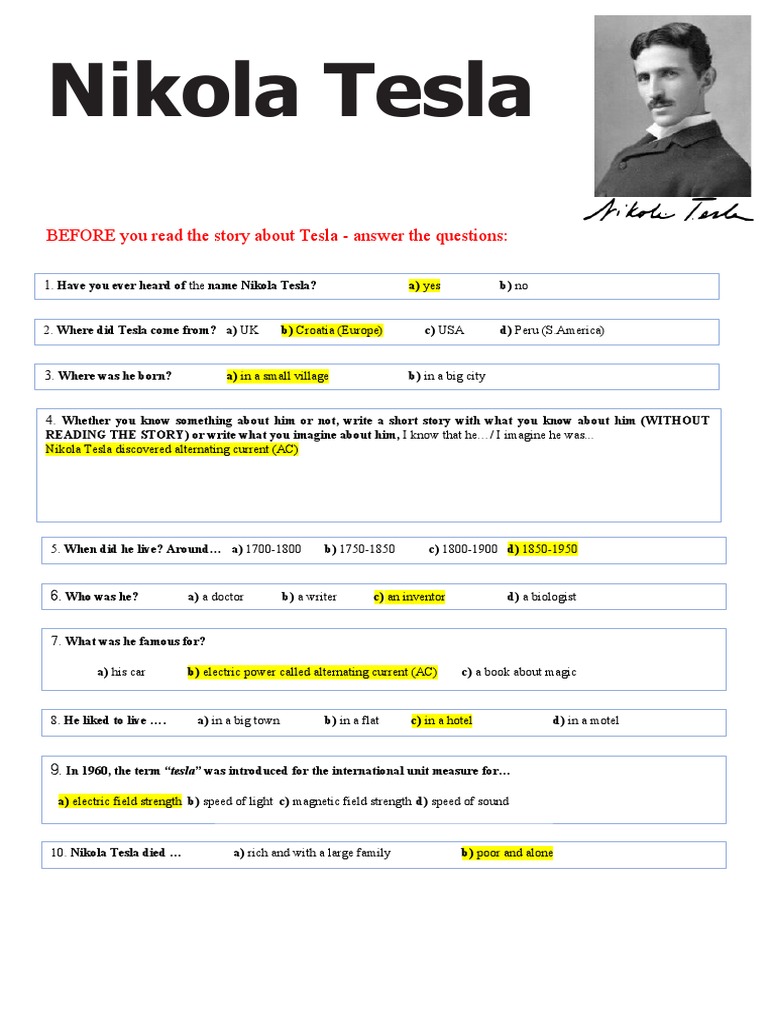 Nikola Tesla: BEFORE You Read The Story About Tesla - Answer The ...