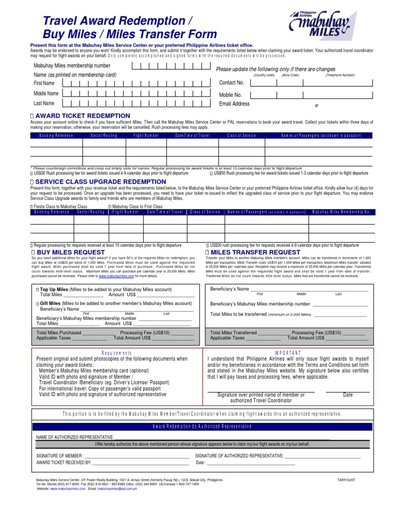 Travel Award Redemption / Buy Miles / Miles Transfer Form | PDF ...