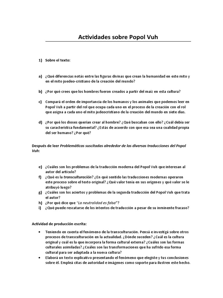 Actividades sobre el Popol Vuh en Secundaria | PDF | Traducciones ...