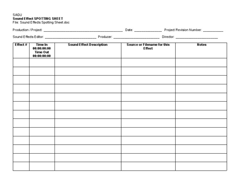 Sound Effects Spotting Sheet Template | PDF | Art | Computers