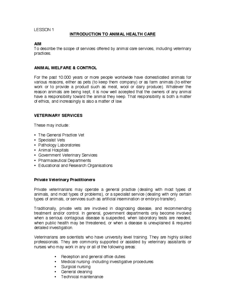 Lesson 1 Animal Care | PDF | Veterinary Physician | Veterinary Medicine