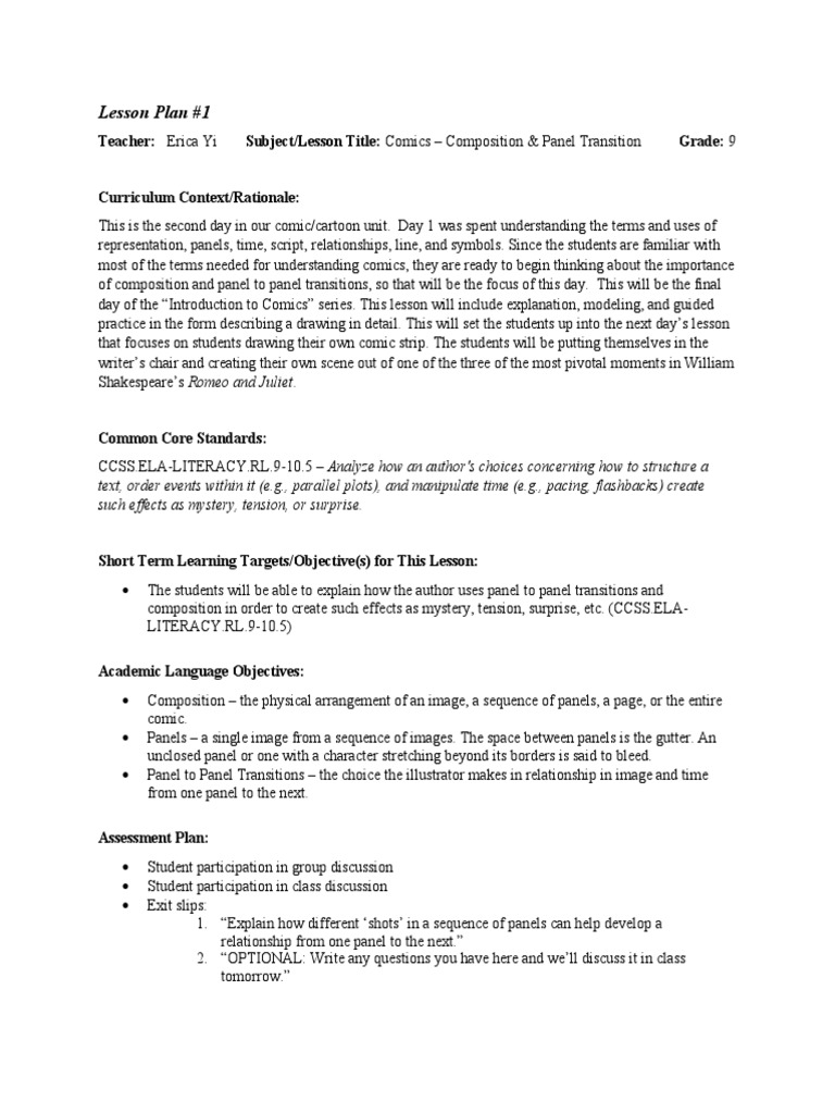 Comics Lesson Plan: Composition & Transitions | PDF | Lesson Plan ...
