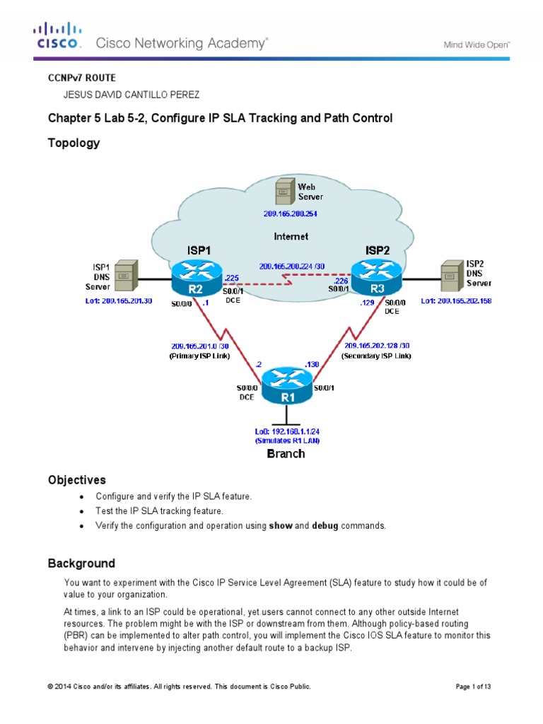 Chapter 5 Lab 5-2, Configure IP SLA Tracking and Path Control Topology | PDF | Router (Computing ...