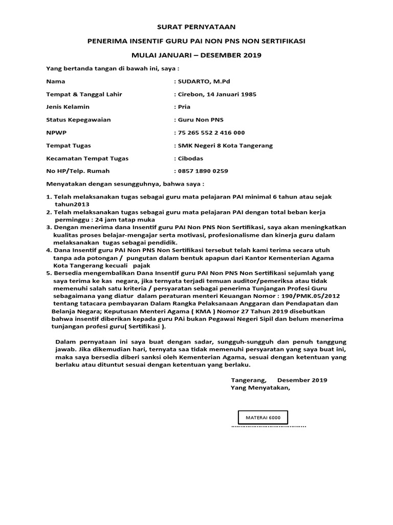Surat Pernyataan Insentif 2019 | PDF
