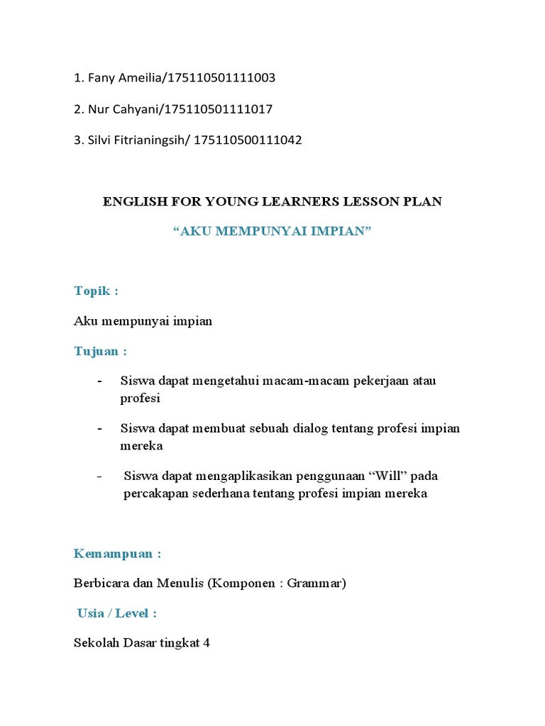 English For Young Learners Lesson Plan: "Aku Mempunyai Impian" | PDF ...