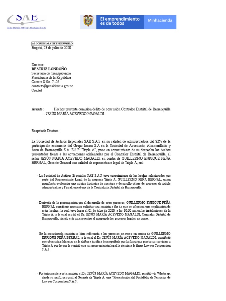 Oficio de la SAE a Secretaría de Transparencia sobre caso Contralor ...