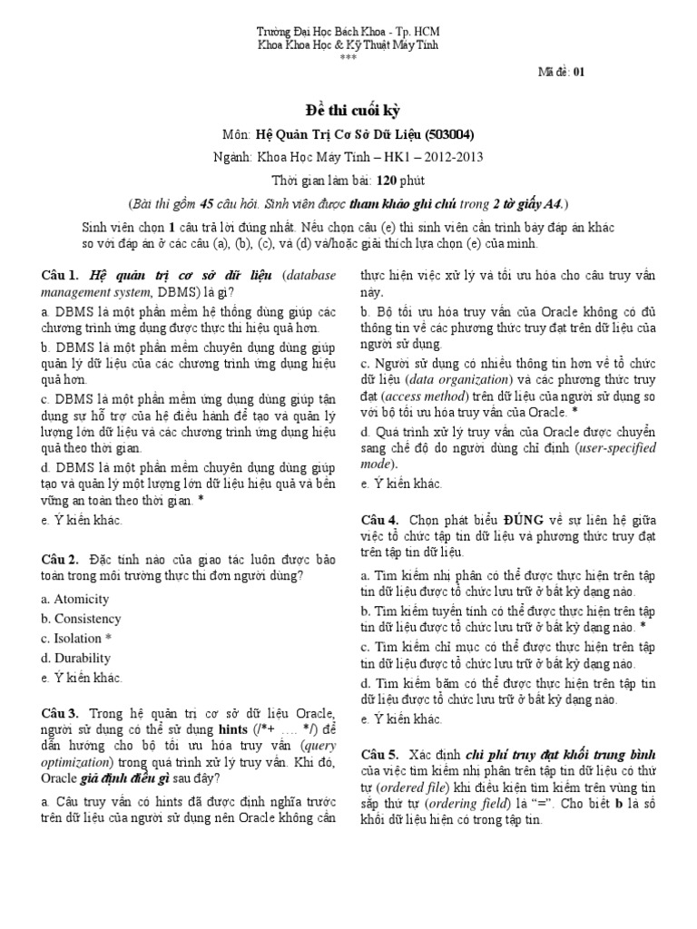 De Thi Cuoi Ky Mon He Quan Tri Co So Du Lieu PDF | PDF