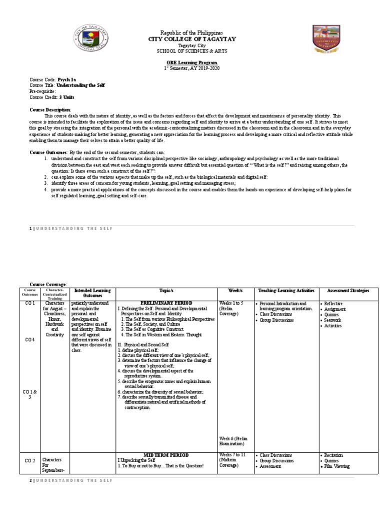 Updated SYLLABUS-Understanding The Self | PDF | Self | Identity (Social ...