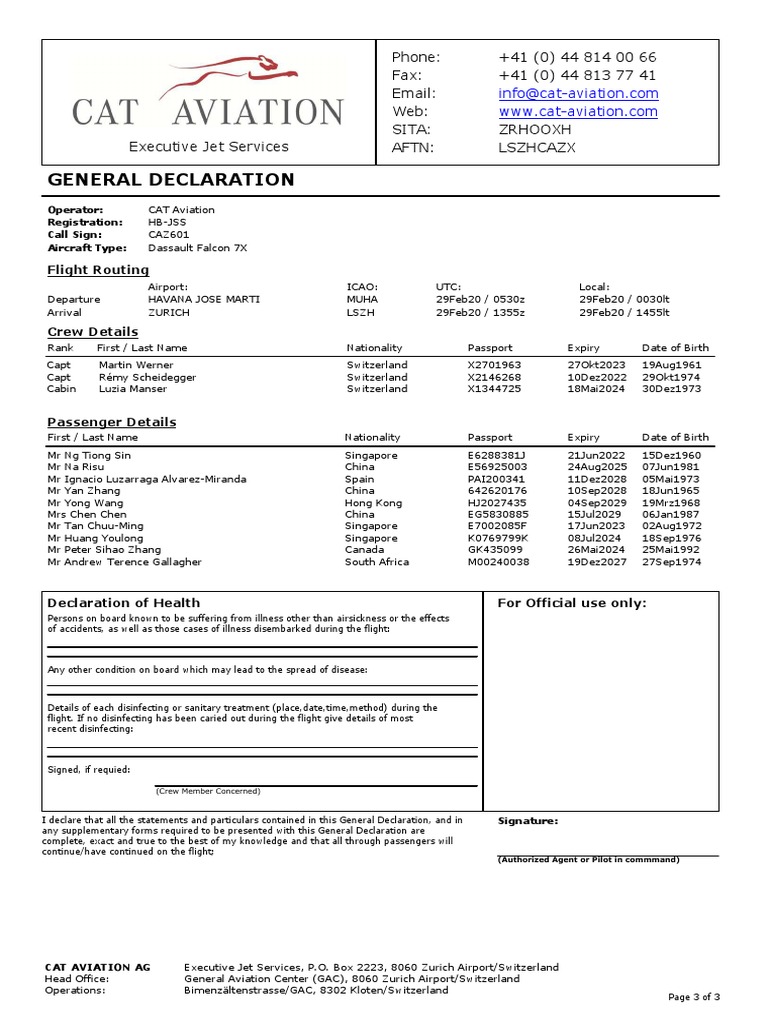 General Declaration: Phone: Fax: Email: Web: Aftn: Sita: +41 (0) 44 814 ...