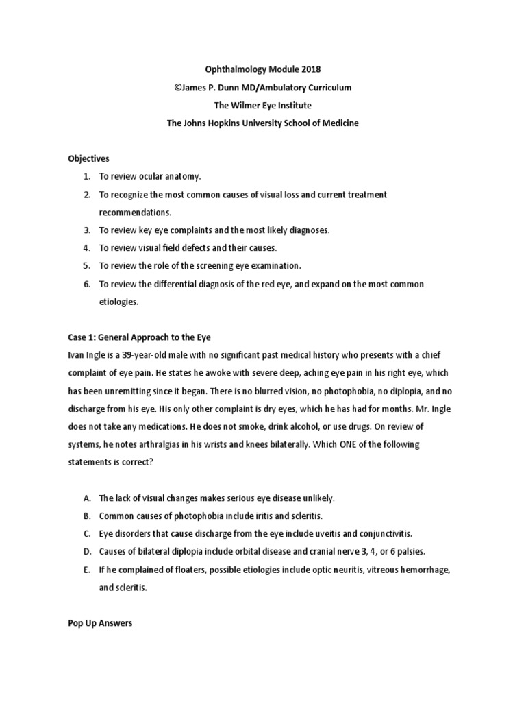 Ophthalmology Module 201 8 ©james P. Dunn MD/Ambulatory Curriculum The Wilmer Eye Institute The ...