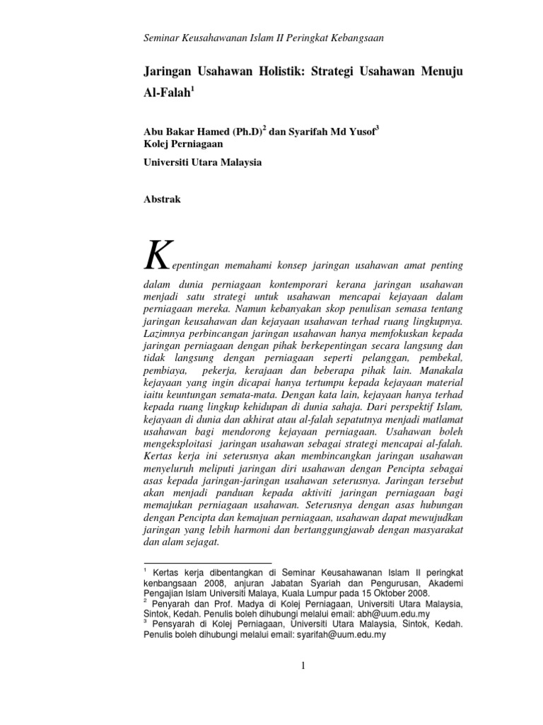 Jaringan Usahawan Holistik: Strategi Usahawan Menuju Al-Falah | PDF