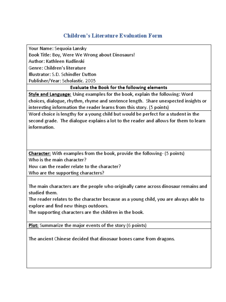 Children's Literature Evaluation Form | Download Free PDF ...