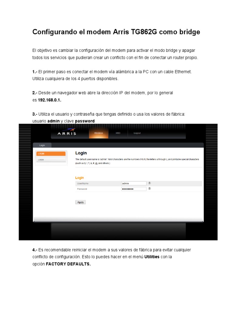 Configuración del modem Arris TG862G en modo bridge | PDF | Negocios ...