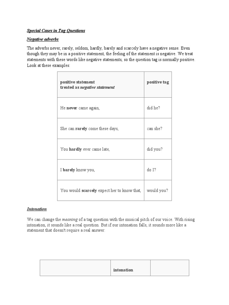 Tag Questions: Special Cases Explained | PDF | Question | Human ...