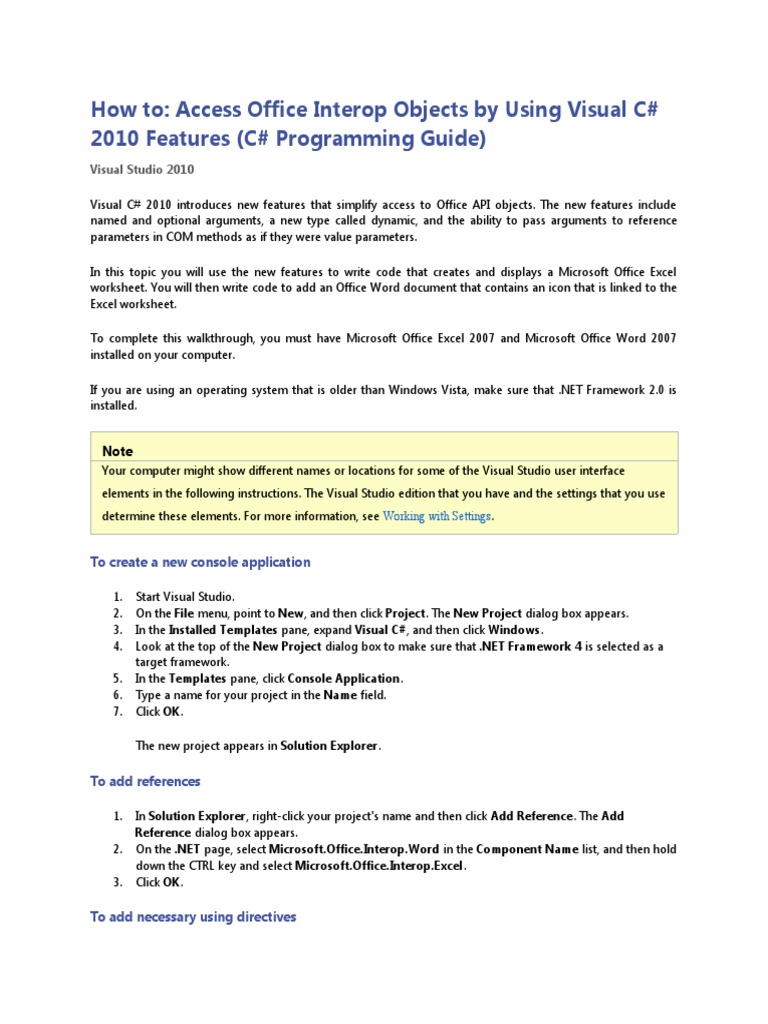 How To: Access Office Interop Objects by Using Visual C# 2010 Features (C# Programming Guide ...
