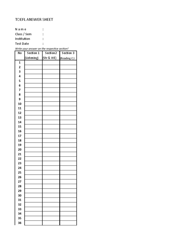TOEFL ANSWER SHEET